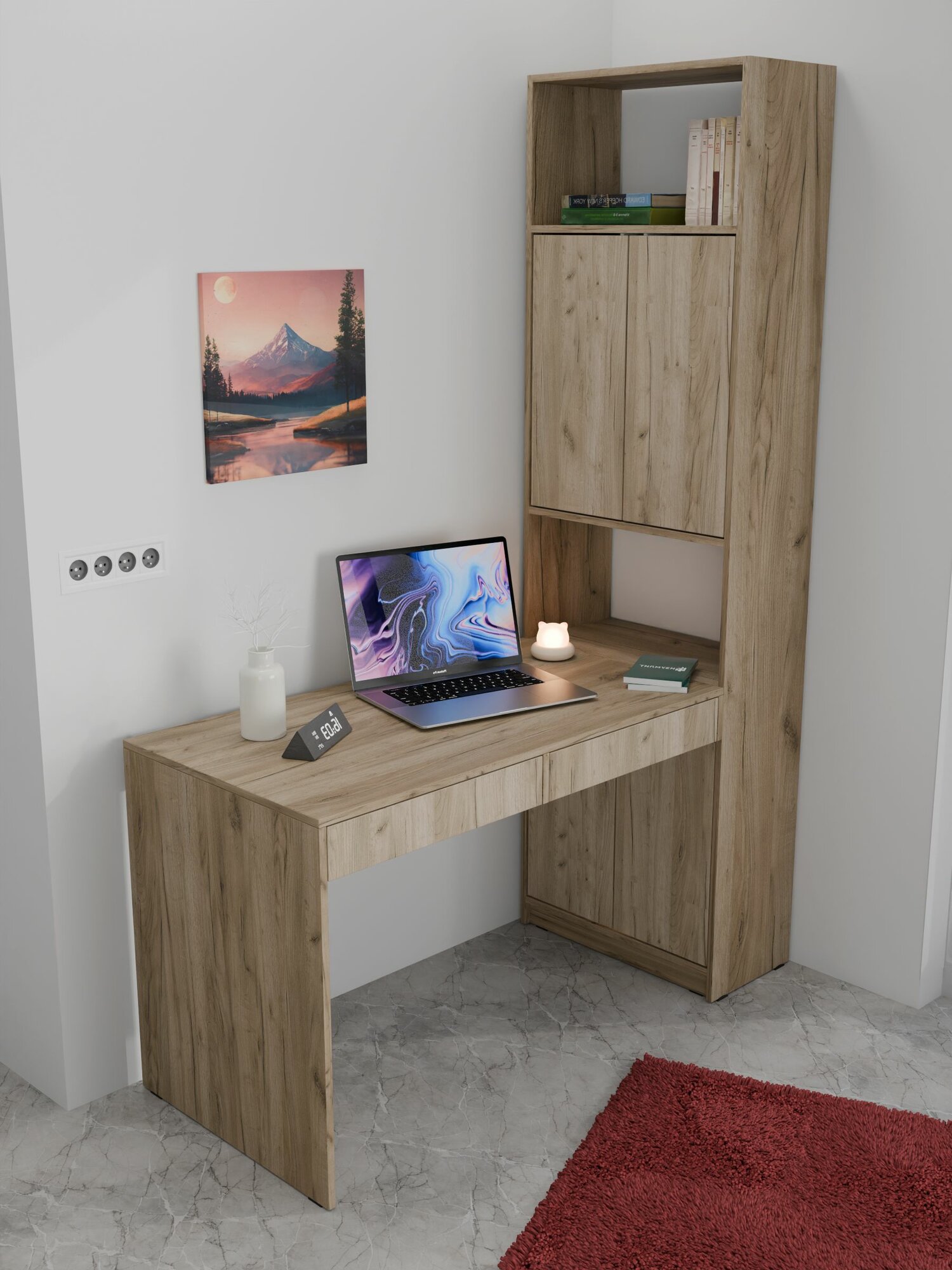 Изумлит Стол-стеллаж с дверьми письменный угловой, стеллаж справа 200х140х59.2 см, дуб крафт серый