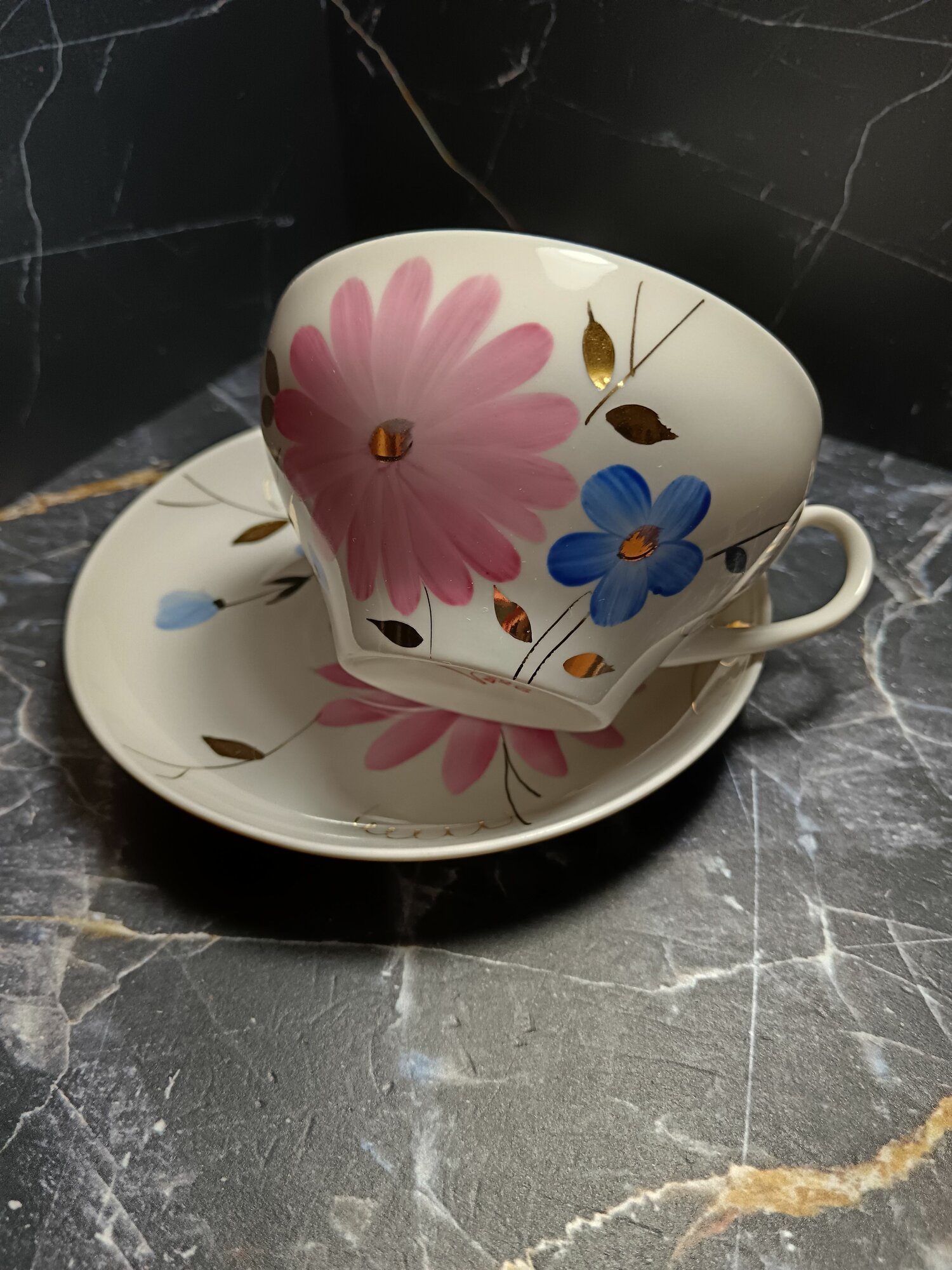 Чайная пара Дулево с цветочным декором, СССР винтаж