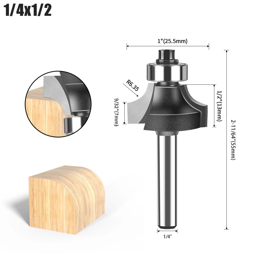 Угловая фреза с хвостовиком 1/4 и 6 мм с подшипником, фреза для работы по дереву, дереву, 1I4X1I2in