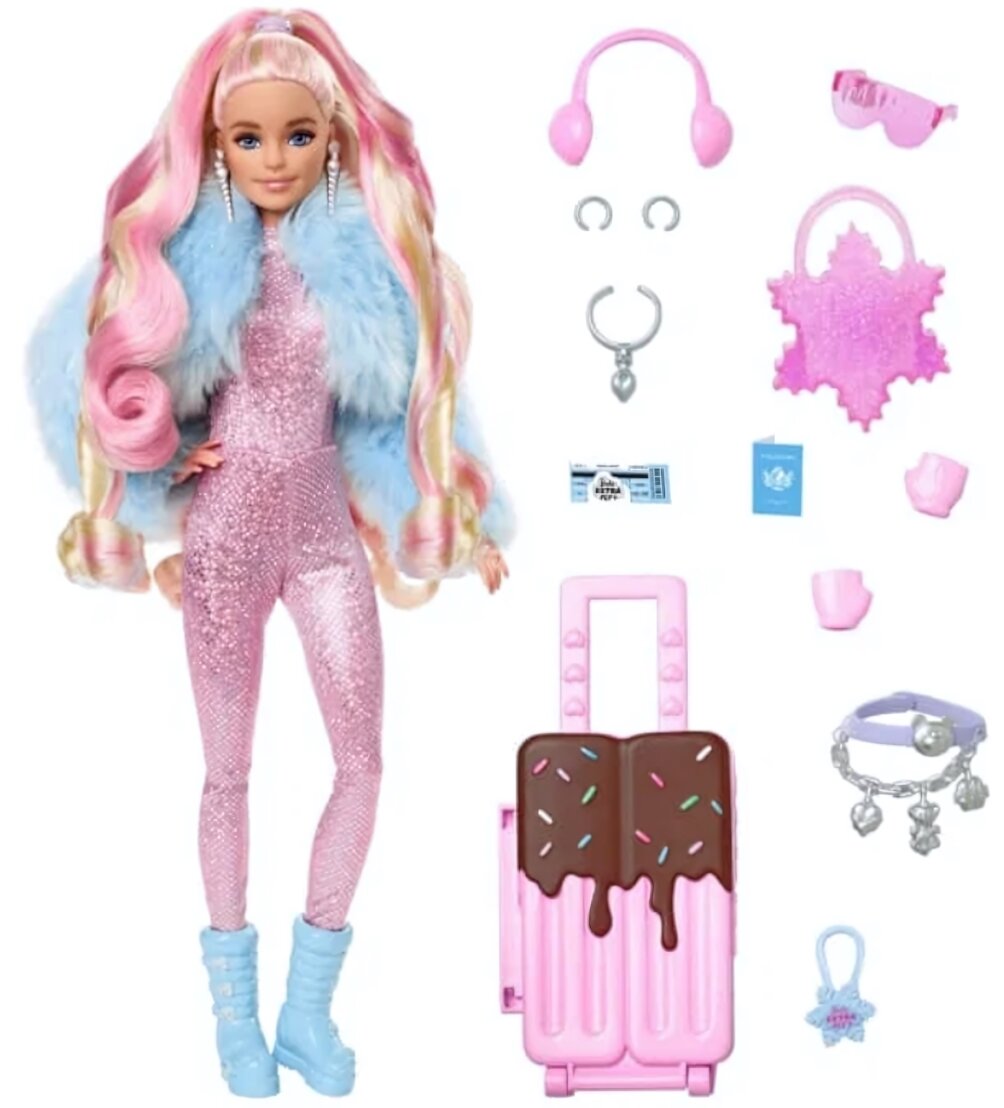 Кукла Barbie "Extra Fly Снежная" с аксессуарами, 15 предметов, блондинка с розовыми прядями