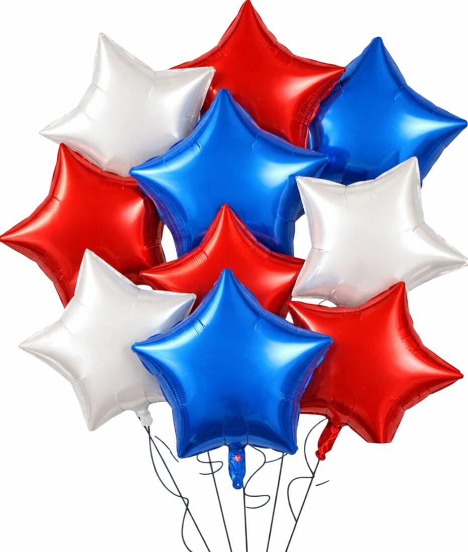 Воздушные фольгированные шары-фигуры "Россия Звёзды" 18", шарики надувные воздухом из фольги, набор шаров воздушных для фотозоны 12 штук, шары-букет фигурные для праздника