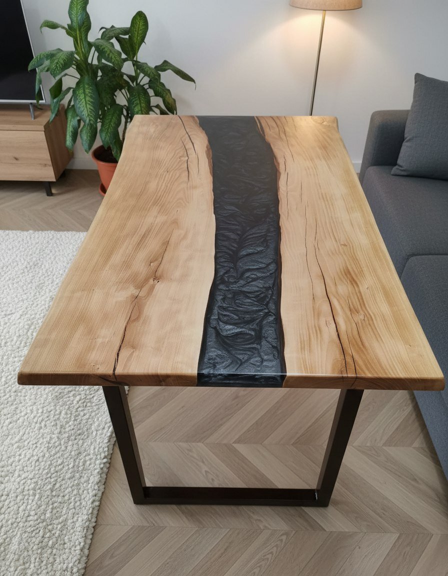 Обеденный стол из массива груши и эпоксидной смолы. Стол река