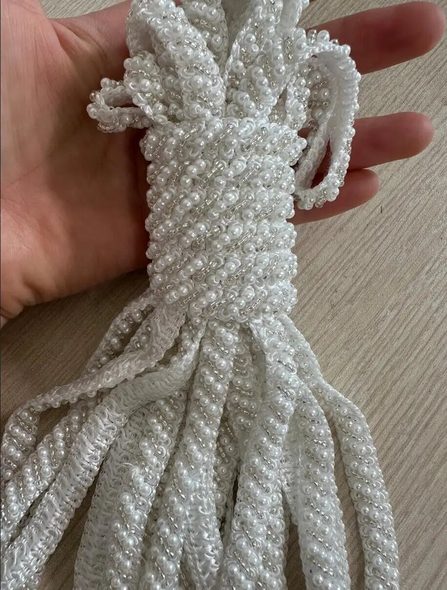 Кружевная лента с бусинами и жемчугом, 180 см, полиэстер/хлопок