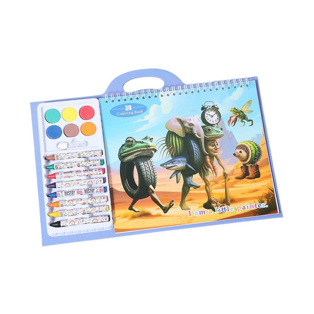 Детский набор для раскрашивания включает в себя раскраску, цветные карандаши и акварельные краски.