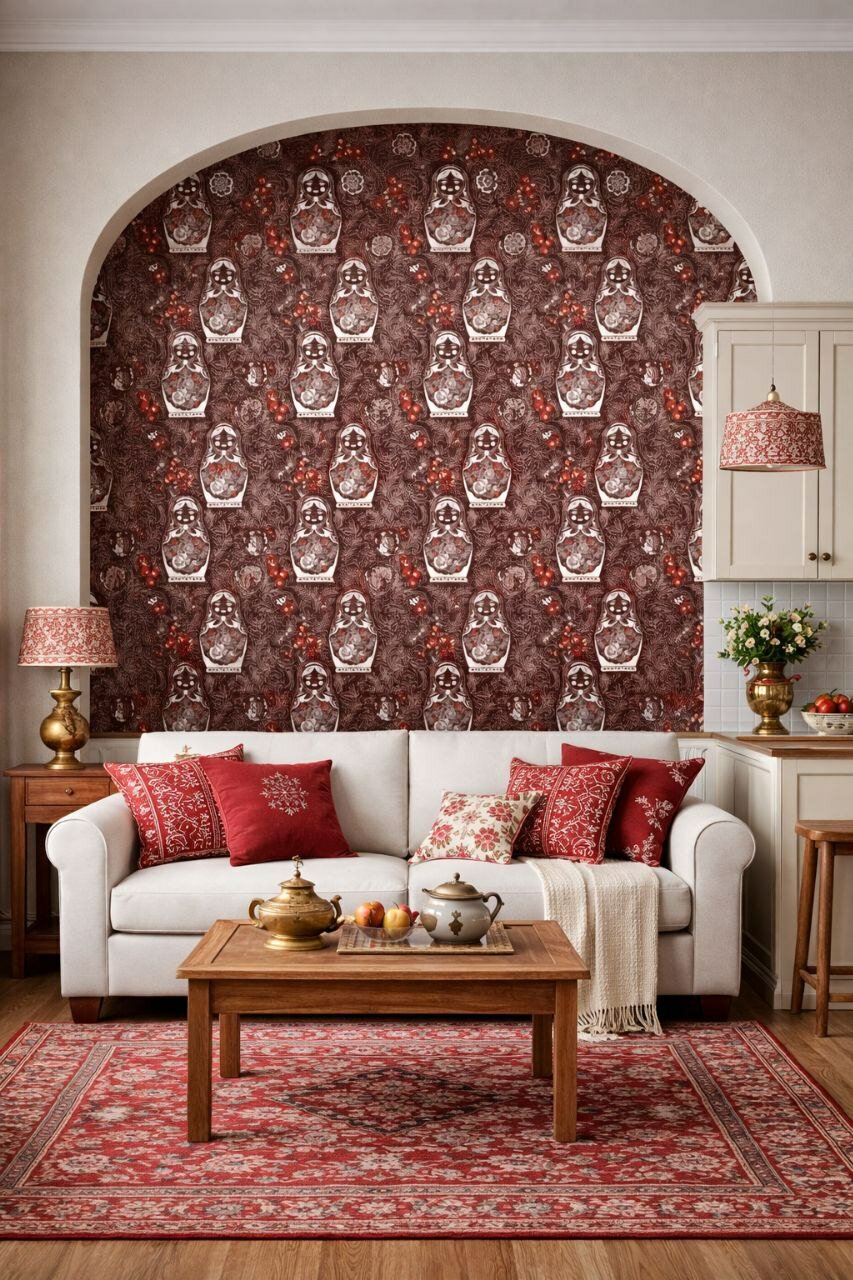 Обои бесшовные "Матрешки" бордовые №1 (ширина 2550мм х длина 2000мм)