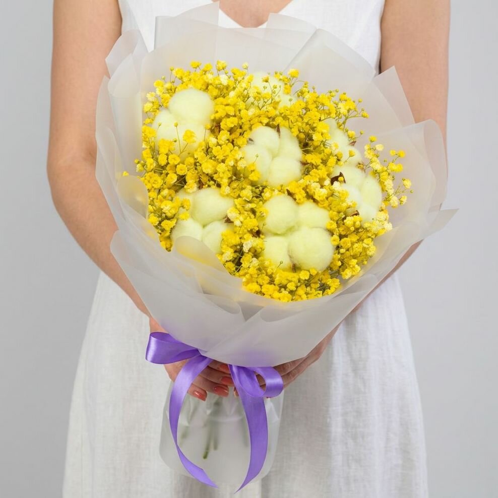 Дуо-букет Мегацвет24 "Гипсофила и Хлопок", желтый, дизайнерская упаковка