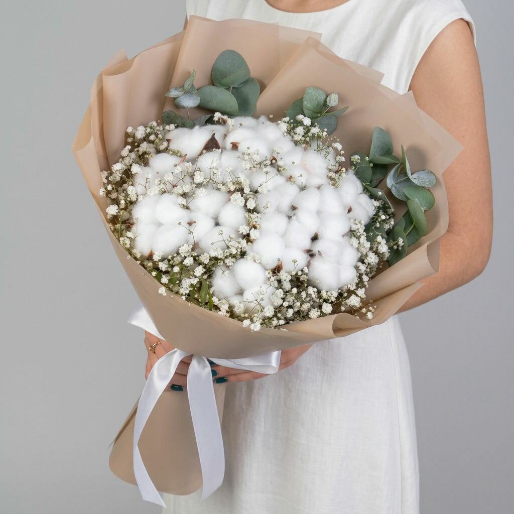 Дуо-букет "Хлопок и Гипсофила" миди, белый, дизайнерская упаковка