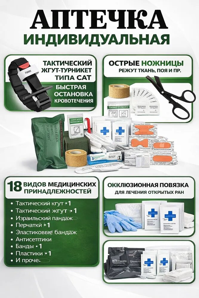 Походная аптечка с 18 предметами первой помощи для авто, охоты, путешествий, с креплением Molle и водонепроницаемой нейлоновой тканью — фото 1
