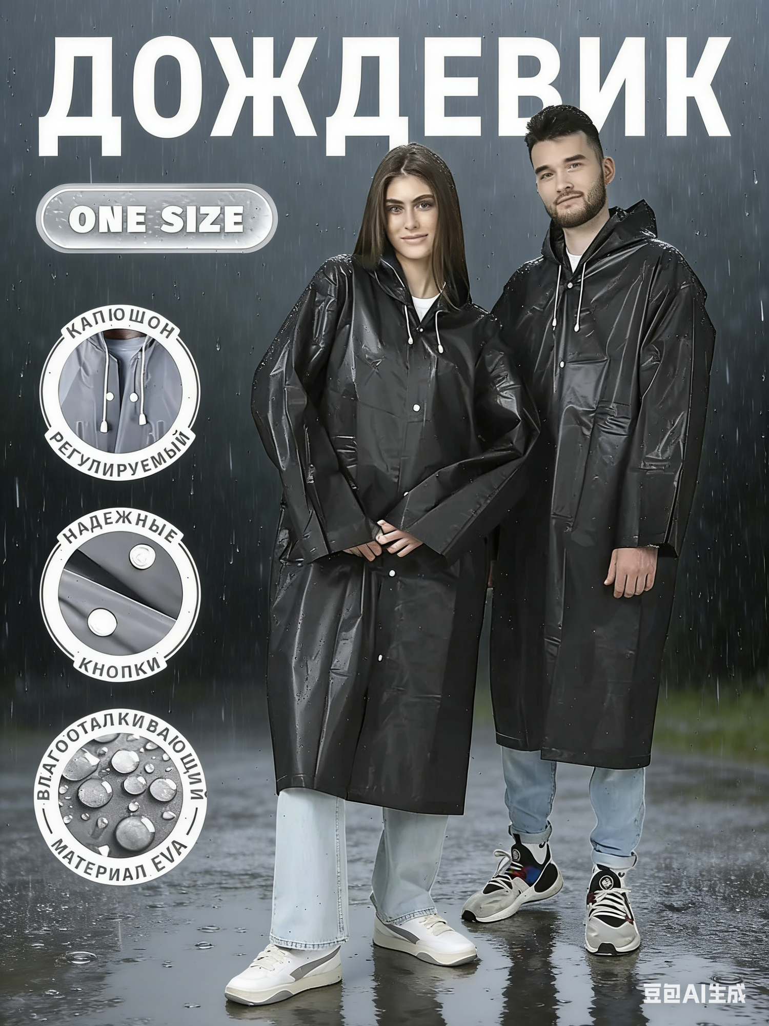 Дождевик из материала EVA черный универсальный размер | Дождевик с регулируемым капюшоном и надежными кнопкамиодин