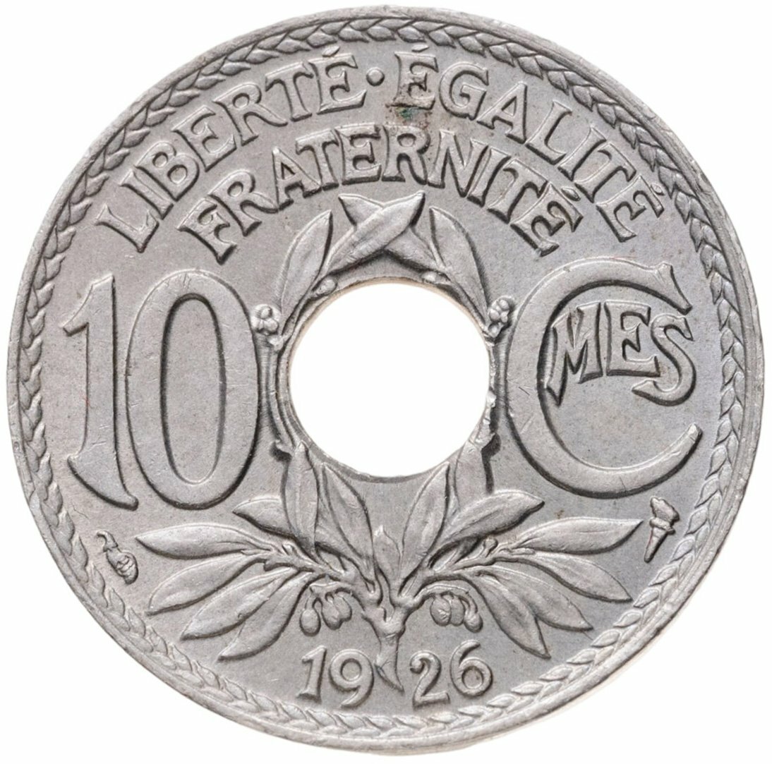 Франция 10 сантимов centimes 1926, Мельхиор медь-никель, в сохранности XF