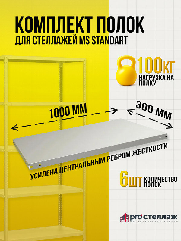 Комплект металлических полок для стеллажей Практик MS Standart 100x30 см (6 шт)