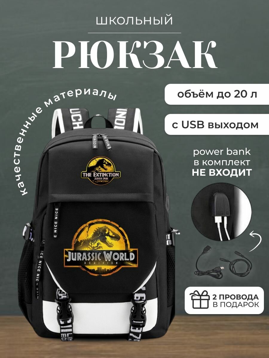 Рюкзак "Мир юрского периода", USB, отделения для ноутбука, карман для бутылки, черный