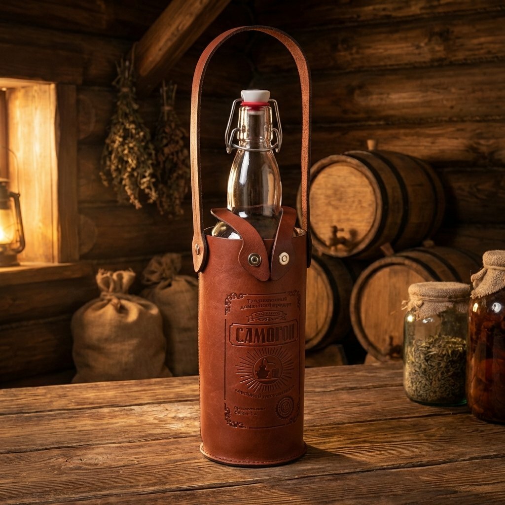 Бутыль «Самогон» 1л. стеклянная в чехле из натуральной кожи СК.31. Т. Самогон
