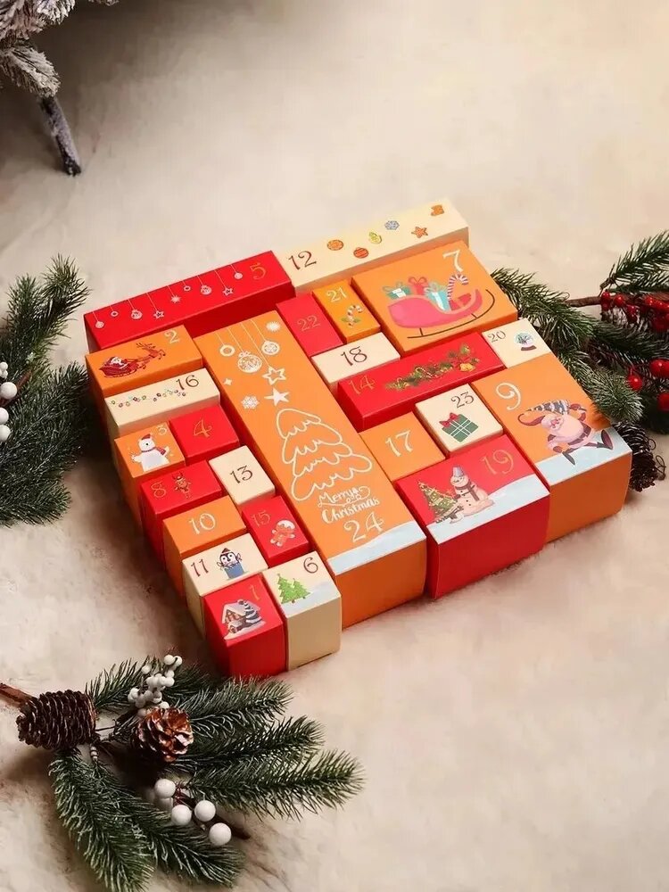 Адвент-календарь Christmas advent calendar red cardboard empty box for gifts calendar gift box — фото 1