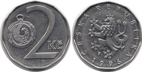 Монета 2 чешских кроны Чехия 1996 г.