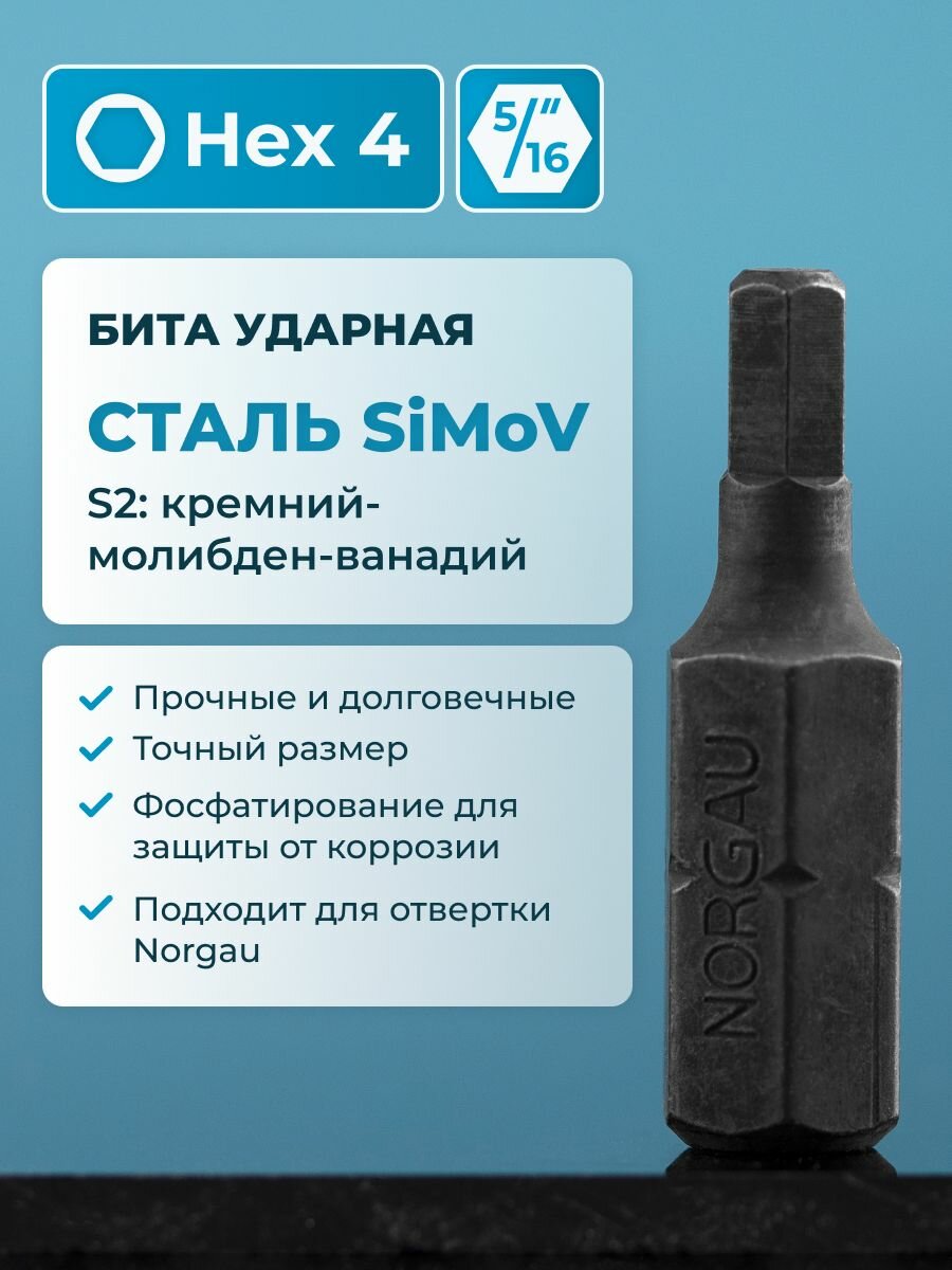 Бита ударная HEX4 NORGAU Industrial из высокопрочной SiMoV стали S2, для ударной отвертки с шестигранником 5/16"