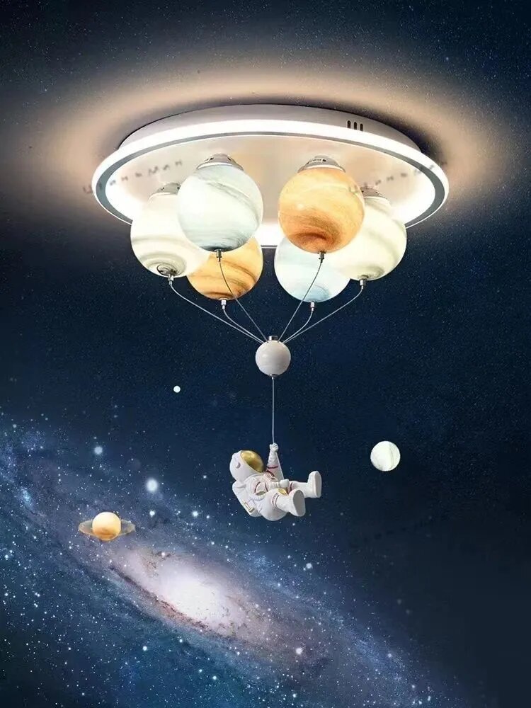 Космическая люстра в детскую комнату E27 60 Вт с планетами и астронавтом, 3 режима света, белый цвет, потолочное крепление, 500x500x700 мм