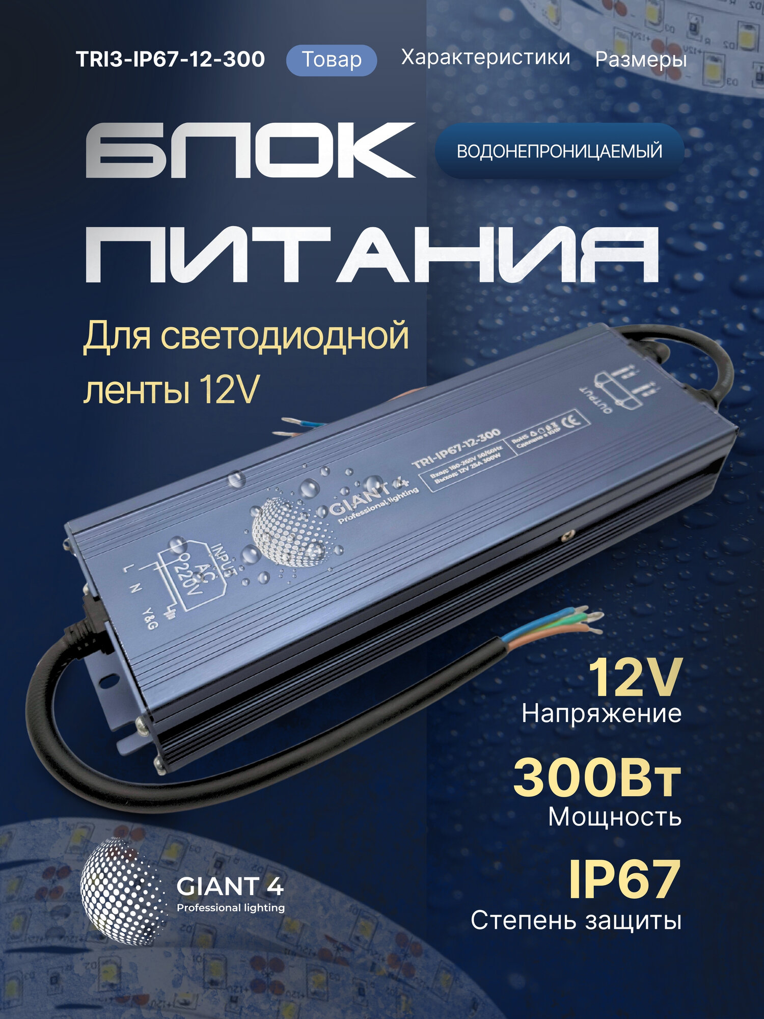 Блок питания 12v 300w ip67 Giant4