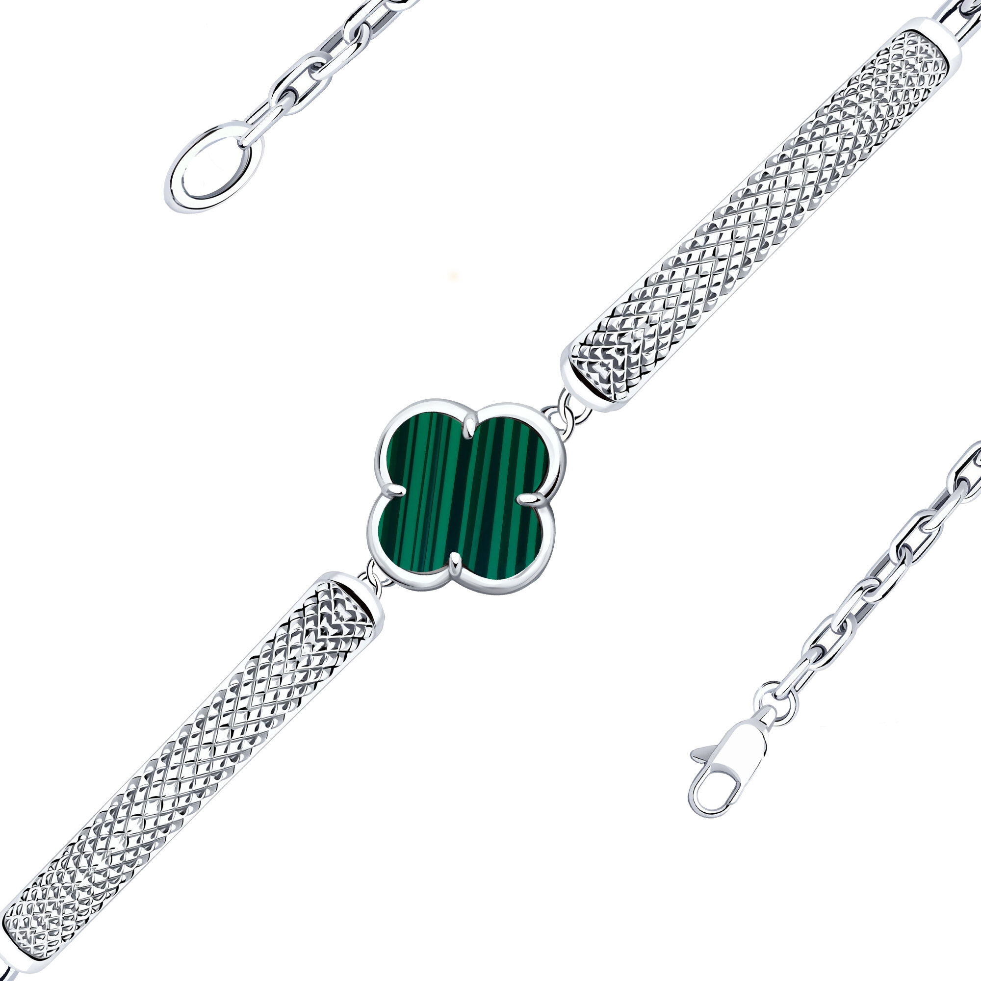 Жесткий браслет, серебро, 925 проба, родирование, малахит