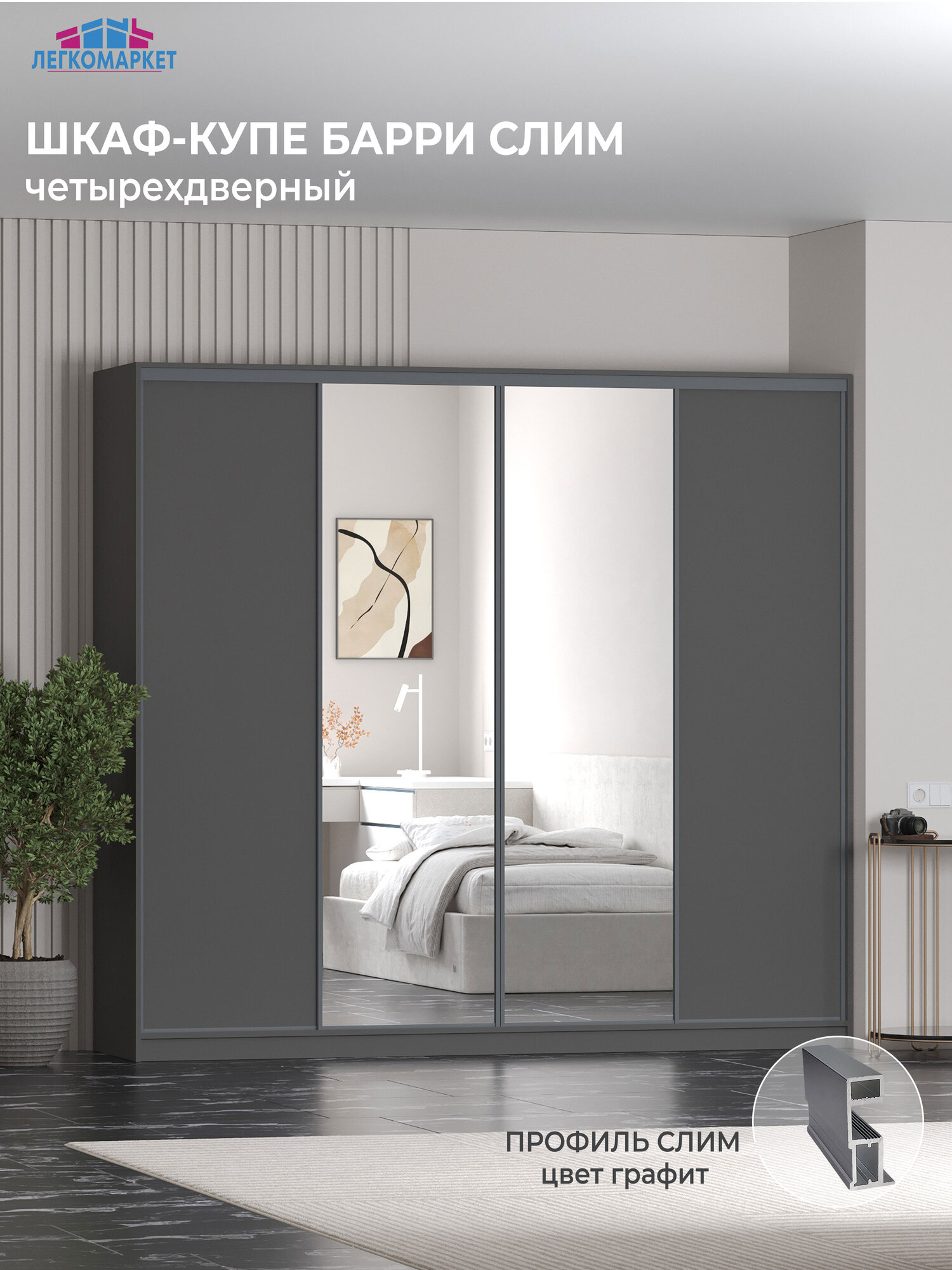 Шкаф-купе с зеркалом Барри Слим 4 220-45-220 графит профиль графит белье-платье-платье