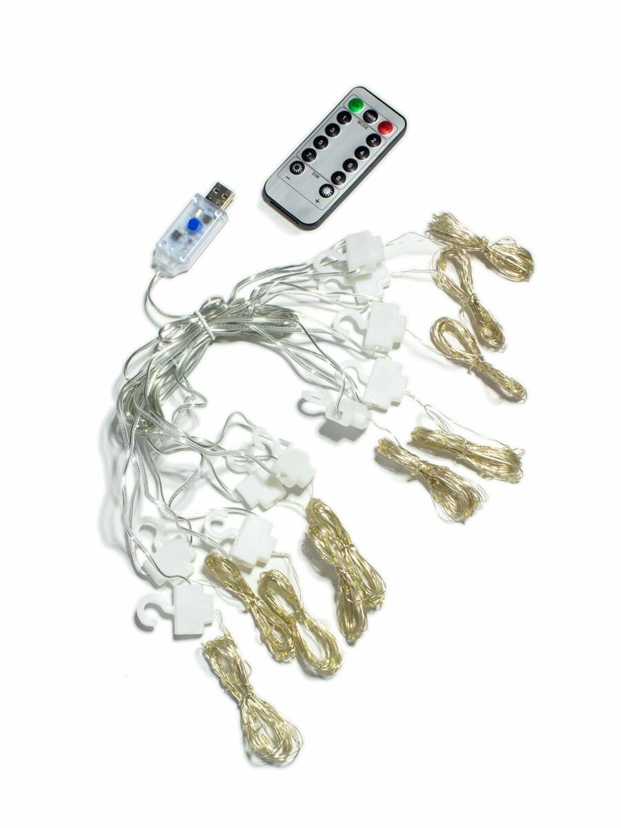 Гирлянда светодиодная «Дождь» 3х3м 300LED с крючками для крепления тепл. бел. 8 режимов мигания питание от USB 5В пульт ДУ космос KOC_CUR-U103