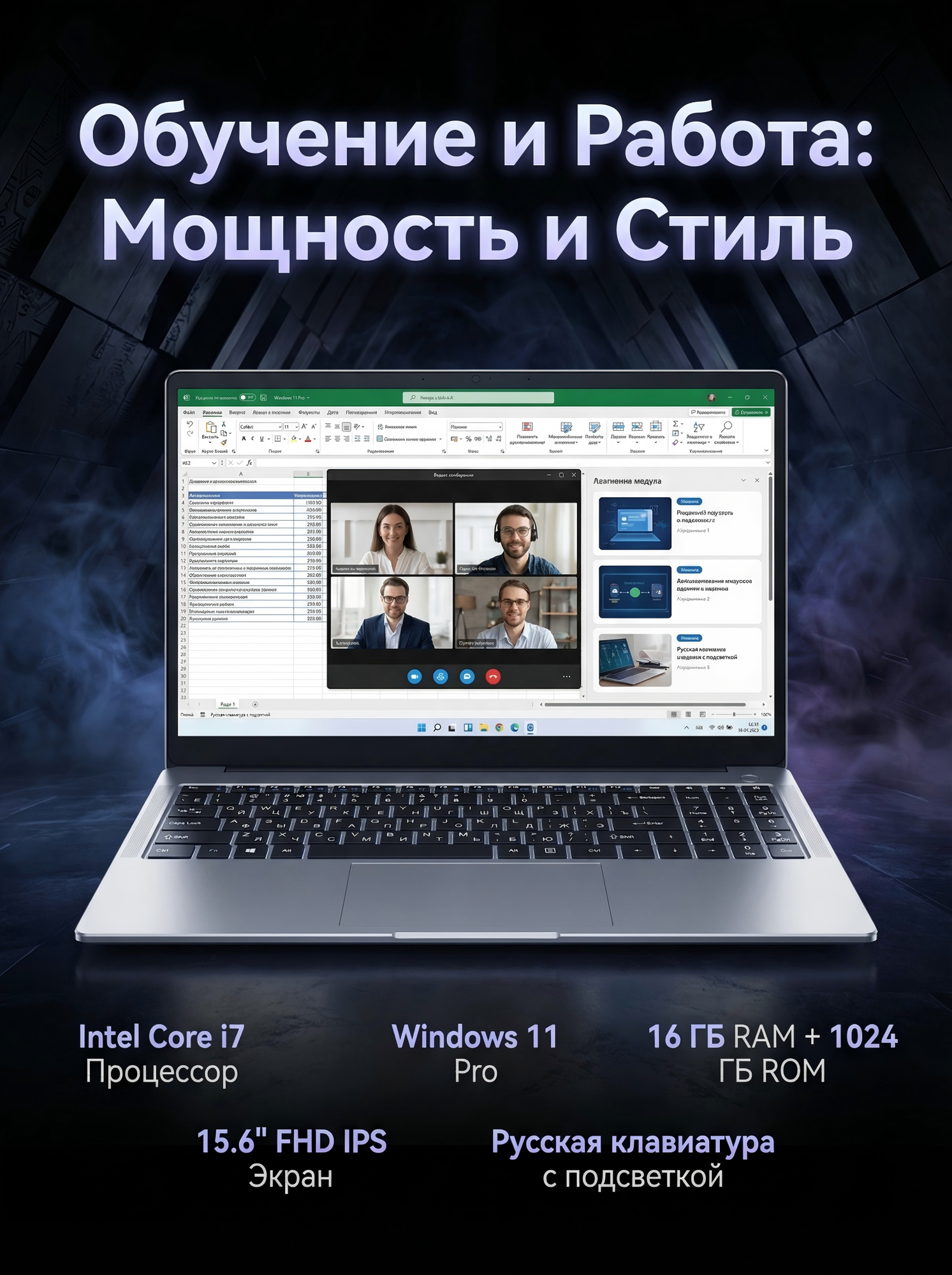 Ноутбук для работы и учебы, Notebook, Intel Core i7 16ГБ RAM, 1ТБ SSD, I7, Windows 11, 15,6", 1920x1080