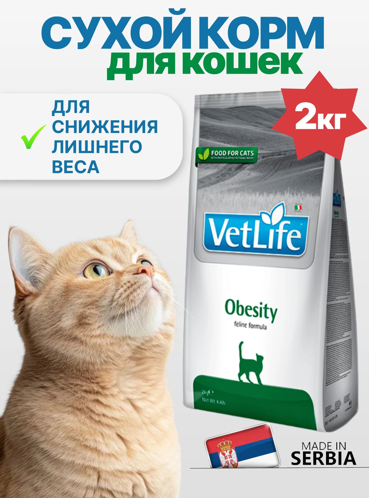 Сухой корм Farmina Vet Life Obesity для кошек для снижения излишнего веса 2кг