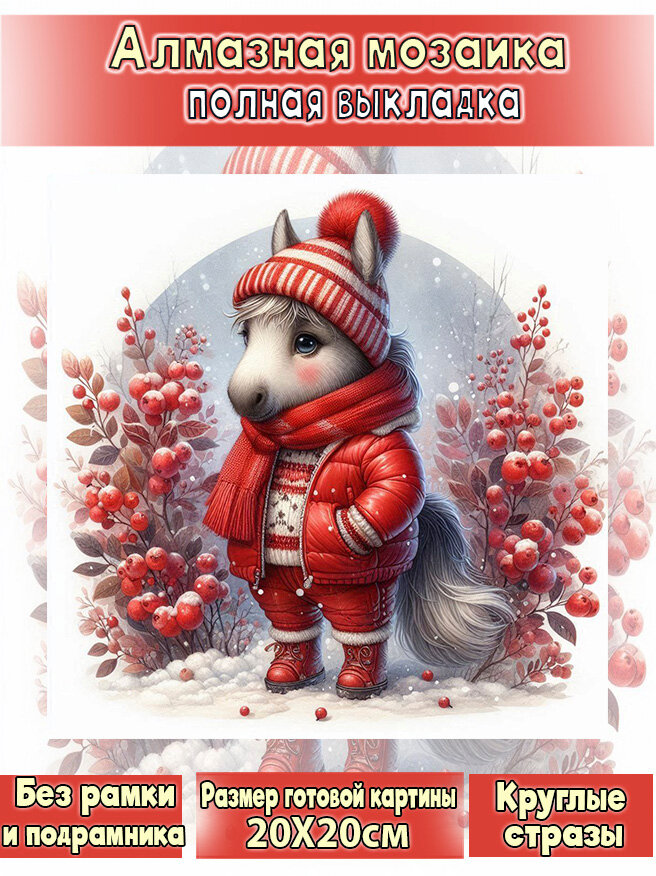 Алмазная мозаика без подрамника и рамки. Картина стразами детская "Лошадь" 20х20 см