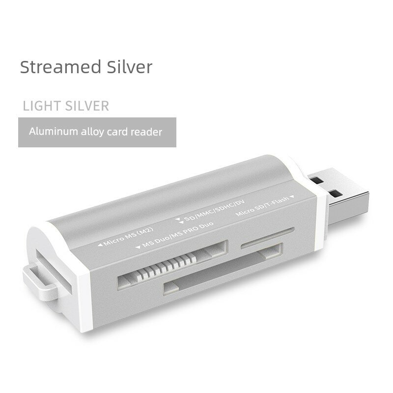 USB 2.0 4-в-1 TF/SD/MS/M2 картридер с чехлом для SD-карты - Серебристый