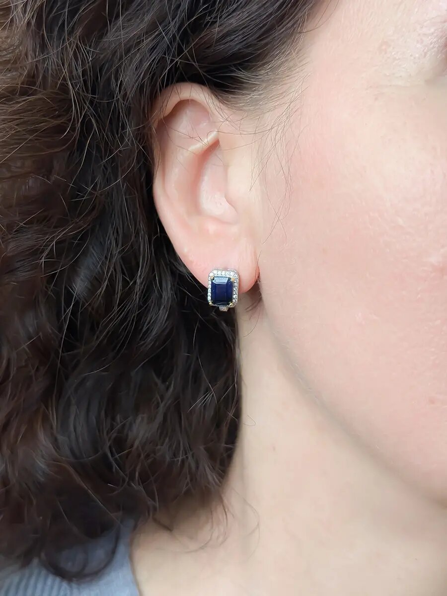Серьги, серебро, 925 проба, золочение, родирование, сапфир, фианит