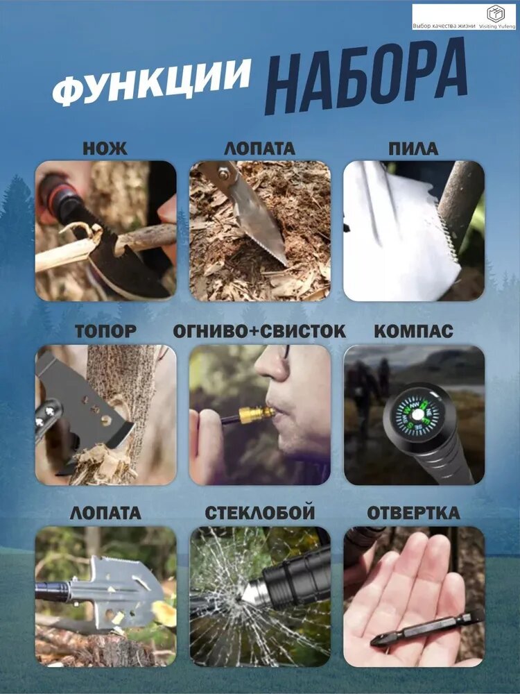 Многофункциональный набор для туризма с топором и лопатой в пластиковом кейсе 80 см черный — фото 1