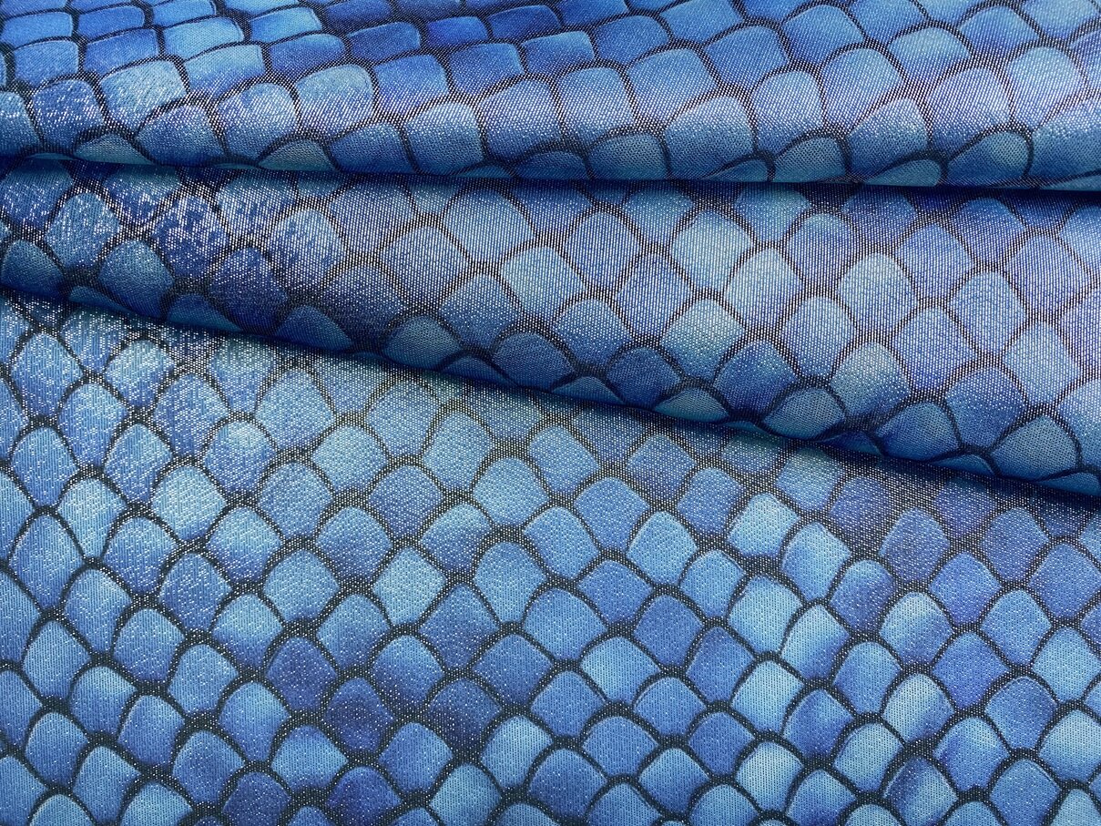 Ткань Шёлк с люрексом голубого цвета с принтом чешуя 46842