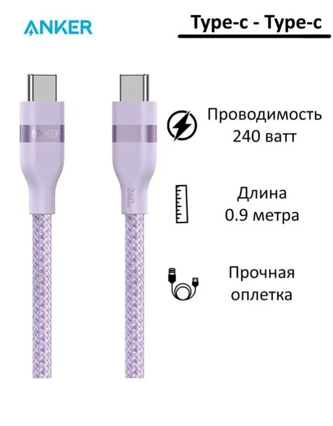 Кабель для мобильных устройств USB Type-C/USB Type-C, 0.9 м, фиолетовый