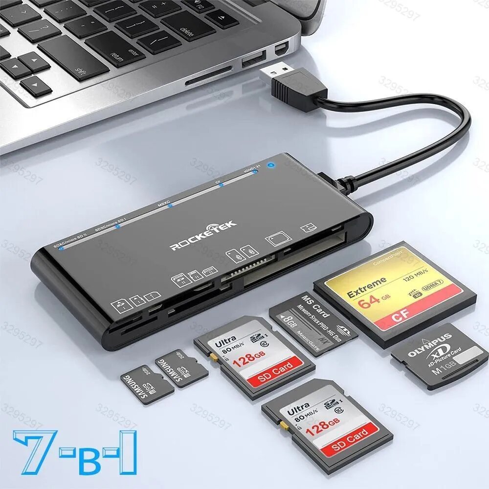 Многофункциональный USB-концентратор ROCKETEK 7-в-1 для SD/SDHC/CF/MS/XD Кардридер