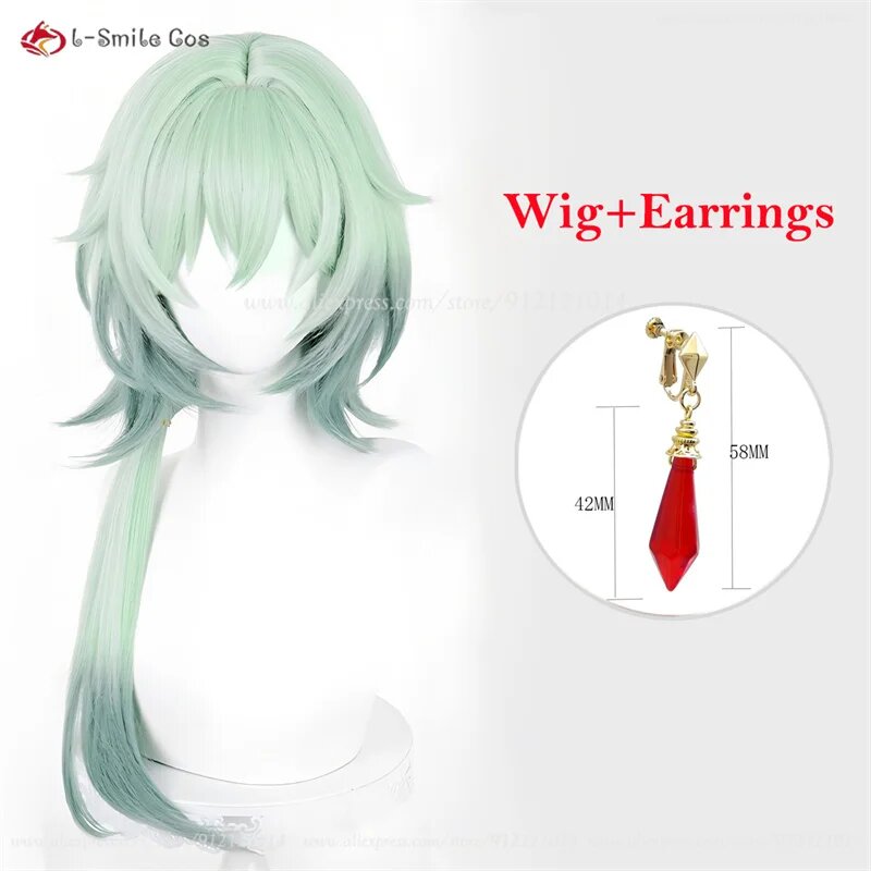 HSR Anaxa Косплей Парик 65 см, Серый Зеленый, Wig A и Ear Clip