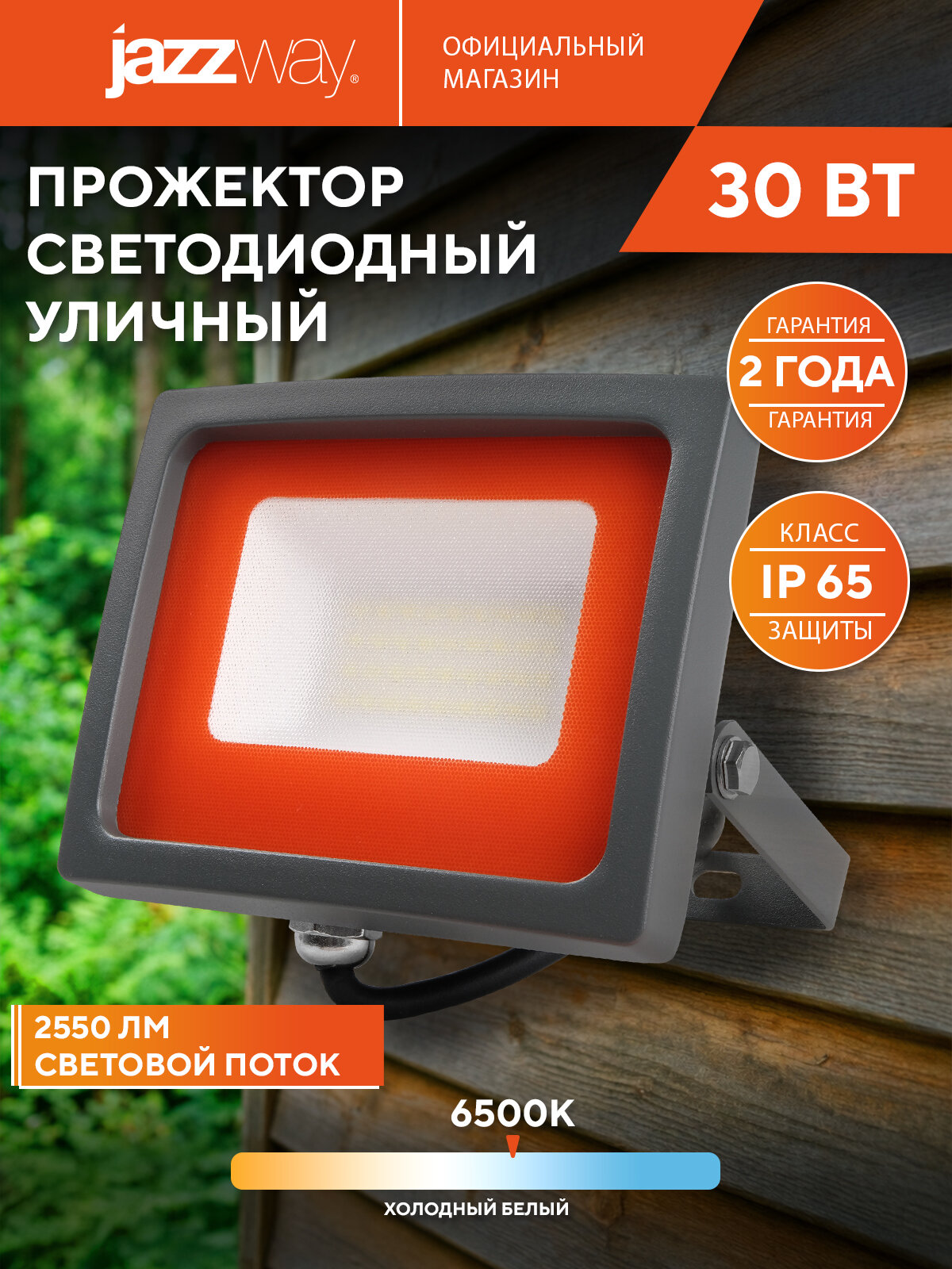 Прожектор Jazzway PFL-SC, светодиодный, уличный, мощность 30Вт, IP65