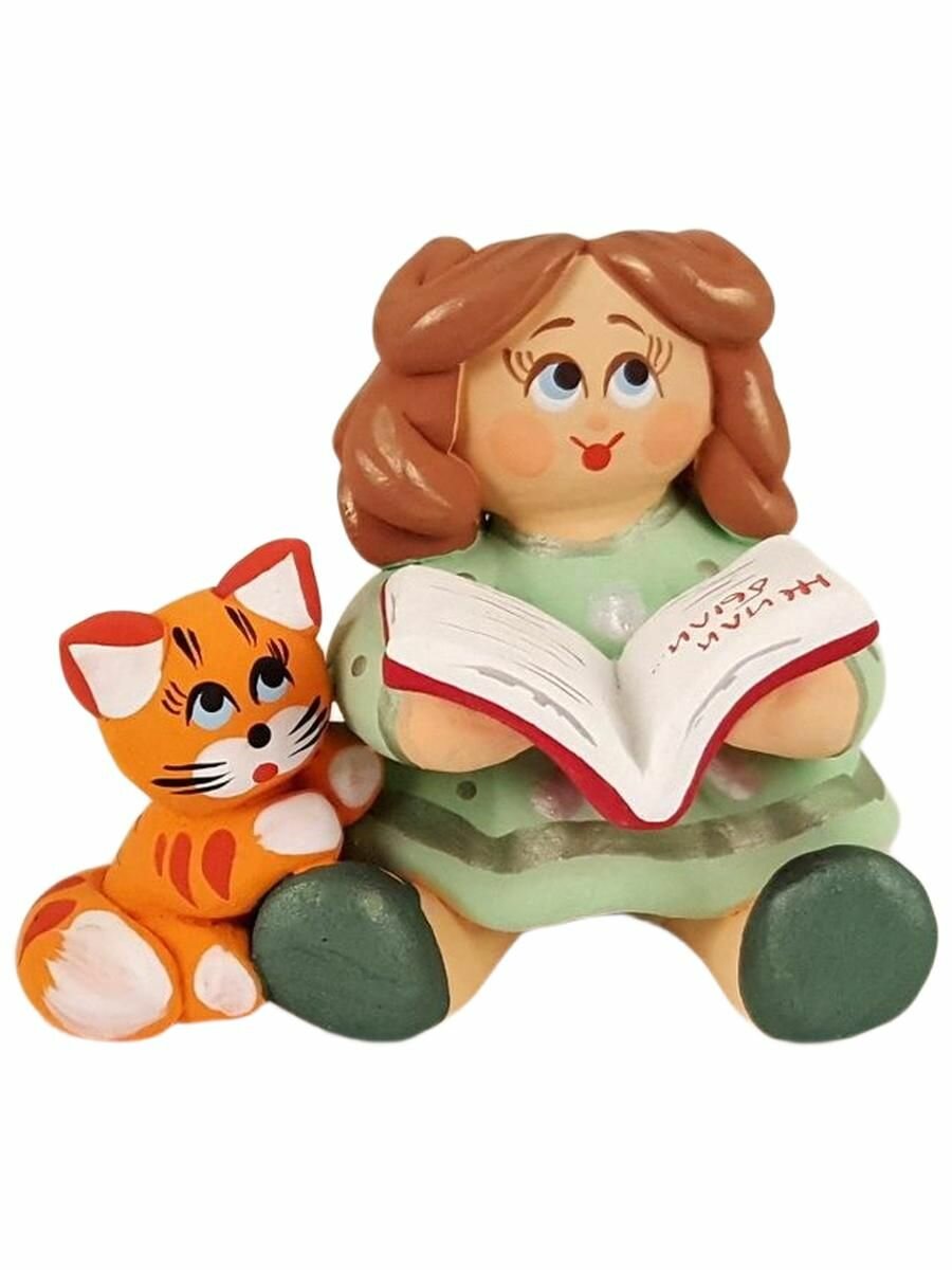 Девочка с книгой и котенком - 2, Ковровская глиняная игрушка, ручная авторская работа