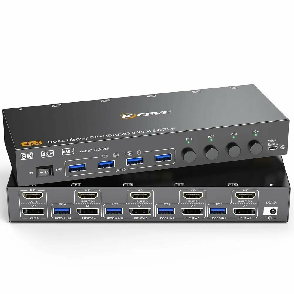KVM переключатель с двумя мониторами HDMI+Displayport для 4 ПК с общим доступом к 2 мониторам