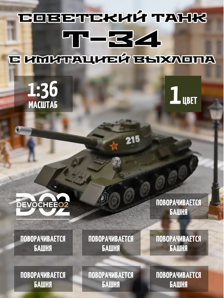Машинка металлическая инерционная модель Советский танк Т-34 с имитацией выхлопа / с дымом Детская игрушка / Масштаб 1:36