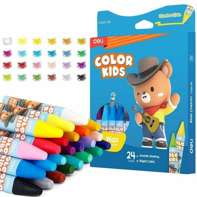 Восковые мелки Deli Color kids трехгранные 24 цвета, длина 75 мм, диаметр 11 мм, картонная коробка европодвес (EC221-24)