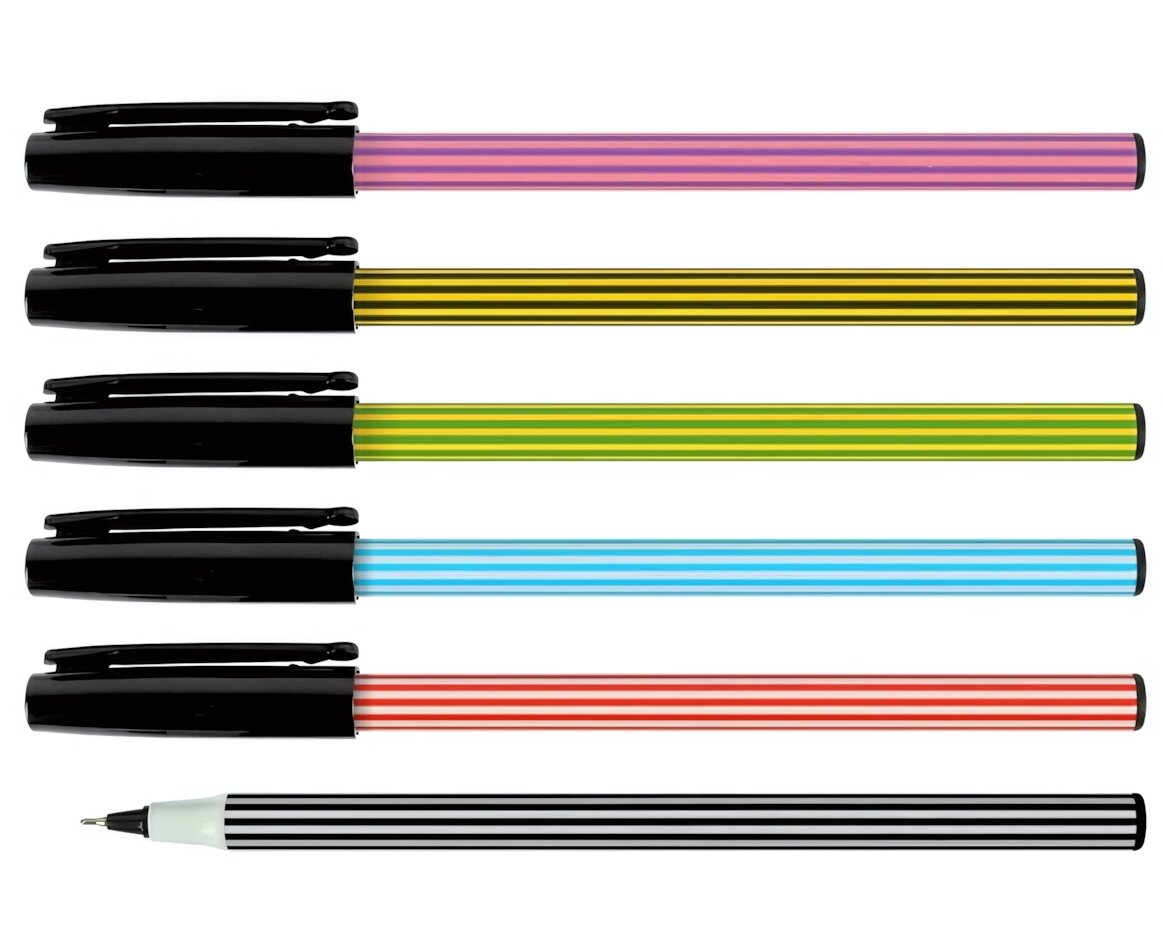 Ручка шариковая 0,7мм синяя, корпус в полосочку, разноцветный принт, (Darvish)