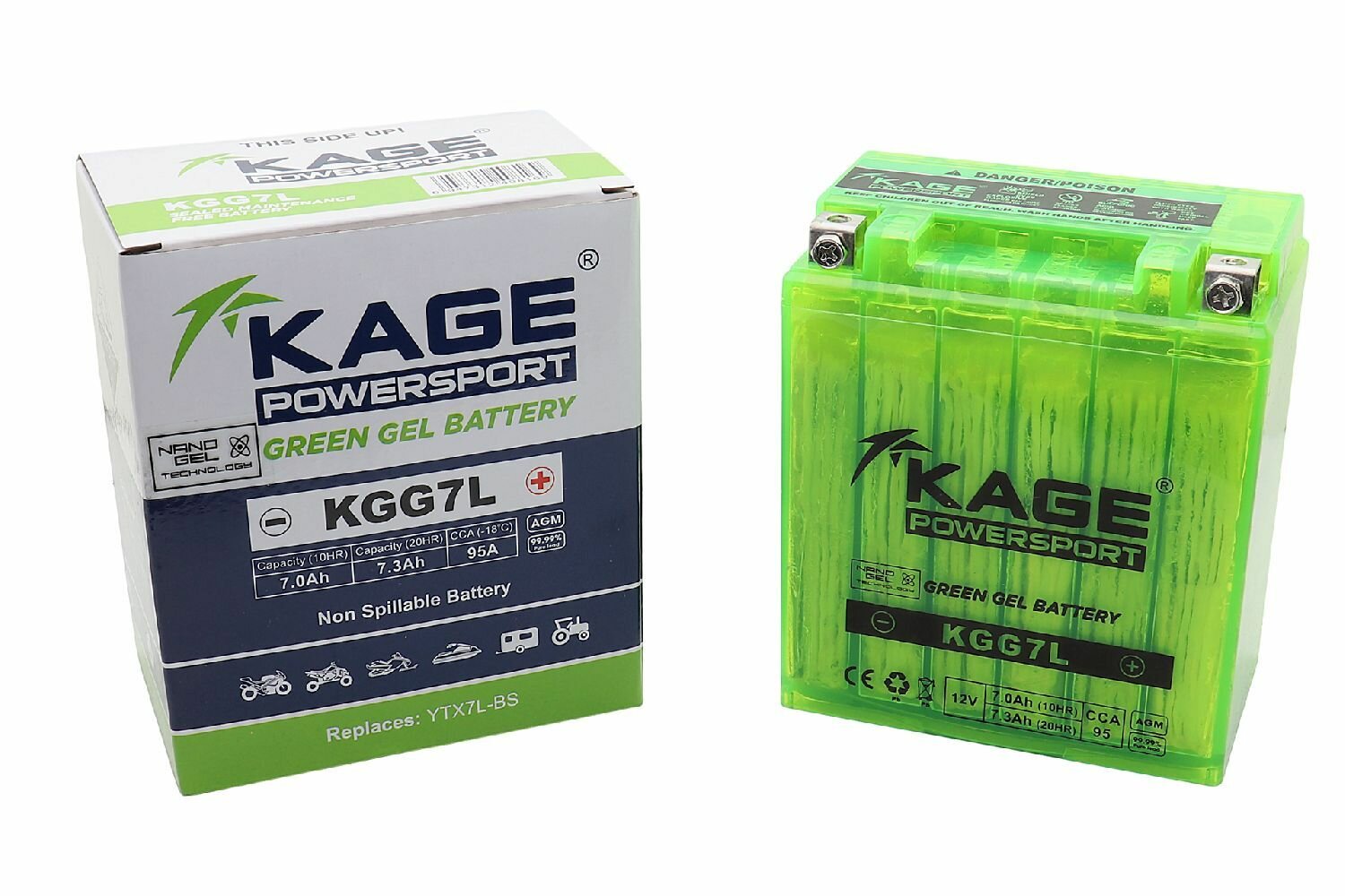 Аккумулятор 12В 7Ач KAGE POWERSPORT YTX7L-BS (1207.1) NANO GEL (113*69*130)