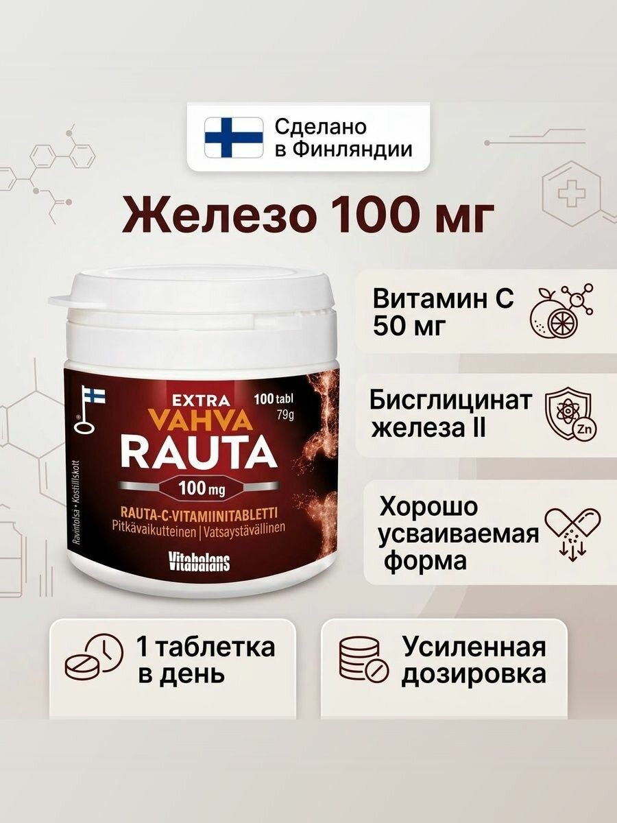 Железо + витамин C Vitabalans Extra Vahva Rauta, 100 таблеток (Финляндия)