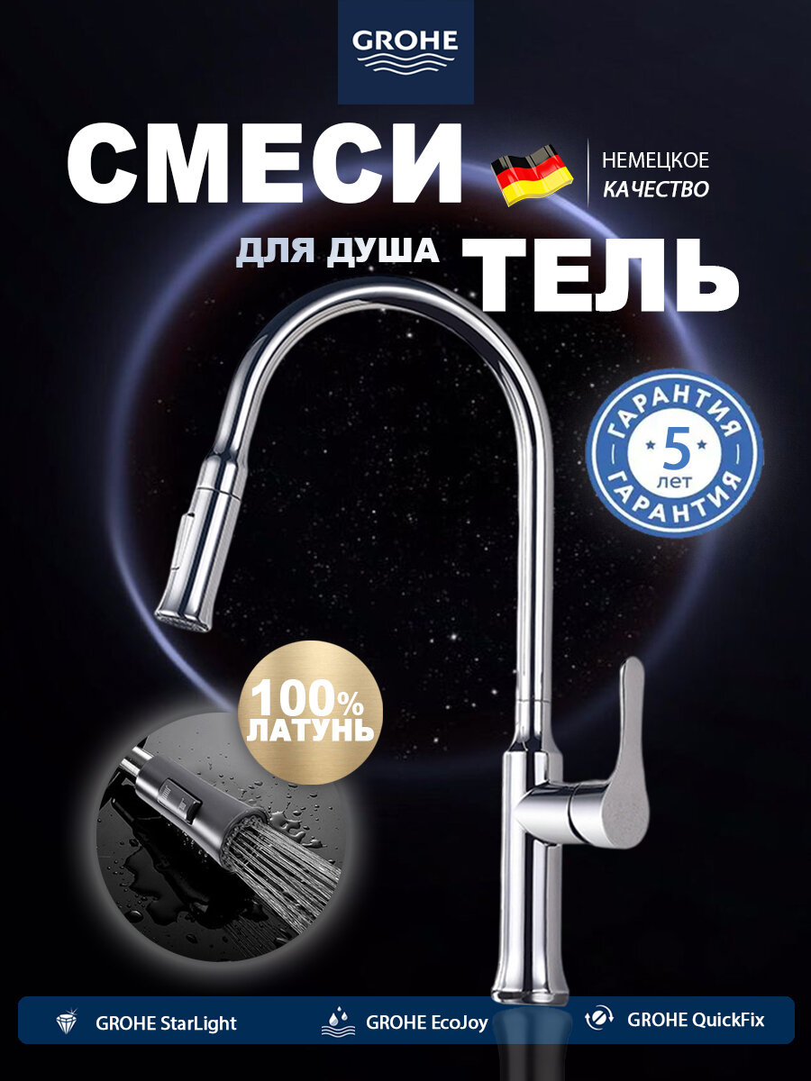 GROHE Смеситель для кухни с гибким выдвижным изливом, латунь, хром
