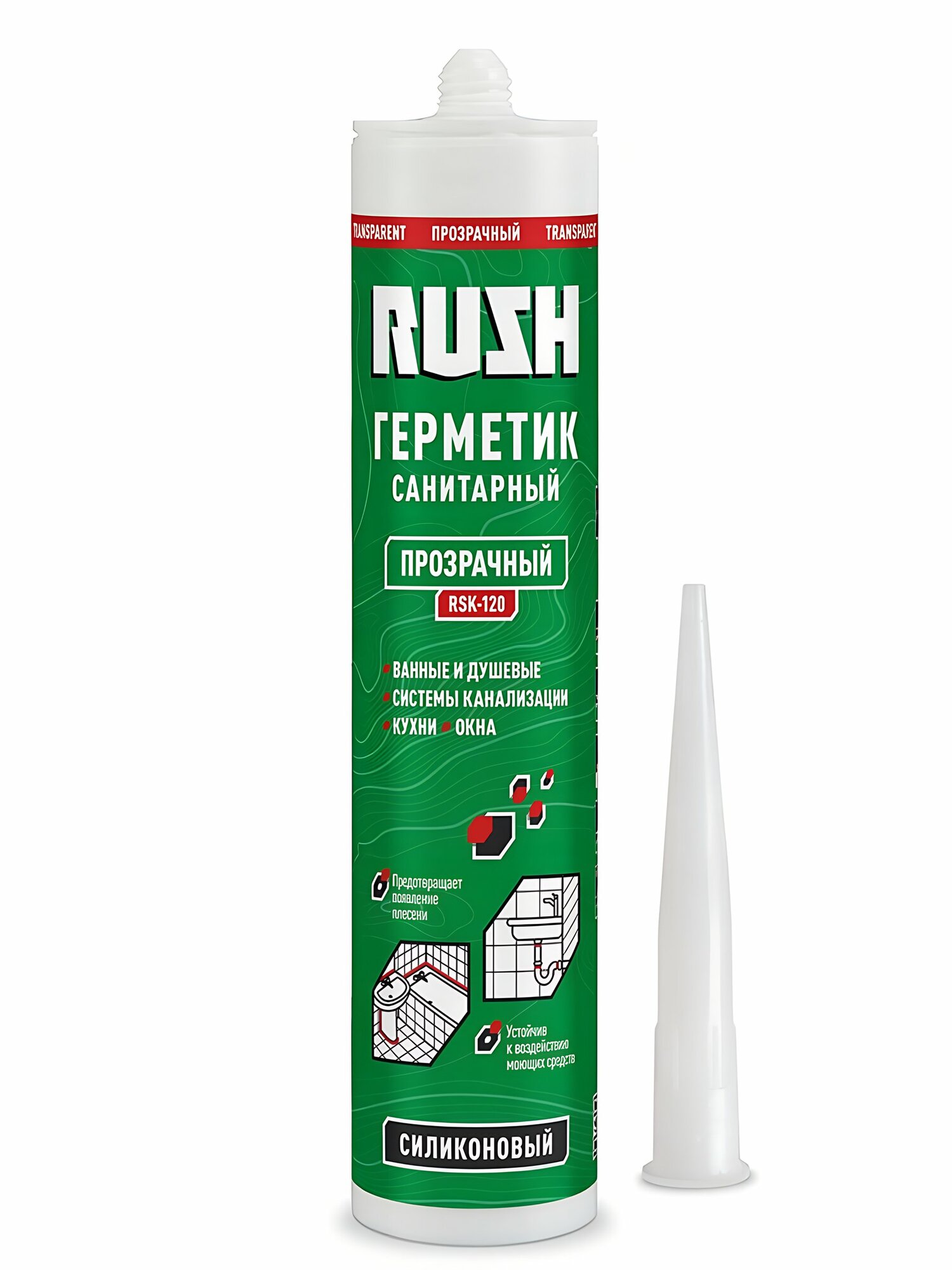Герметик силиконовый, санитарный, 310 мл, прозрачный, KUDO, RUSH, RSK-120