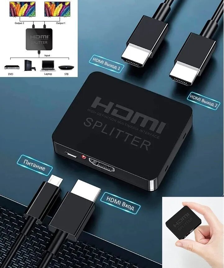 Разветвитель HDMI на 2 / HDMI Сплиттер 4К / Сплиттер HDMI 4К, на 2 выхода с усилителем до 35m, черный