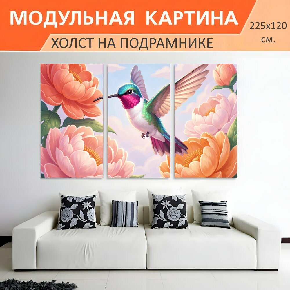 Модульная картина на холсте "Колибри среди пионов. Нежная иллюстрация с яркой маленькой птицей в полёте среди крупных садовых бутонов." триптих на подрамнике 225х120 см. для интерьера