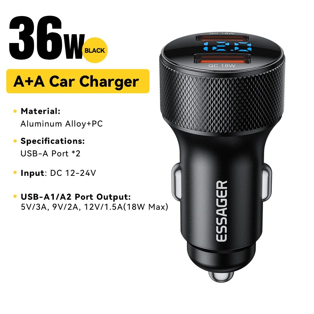 Автомобильное зарядное Essager 36W, Dual USB A, Black