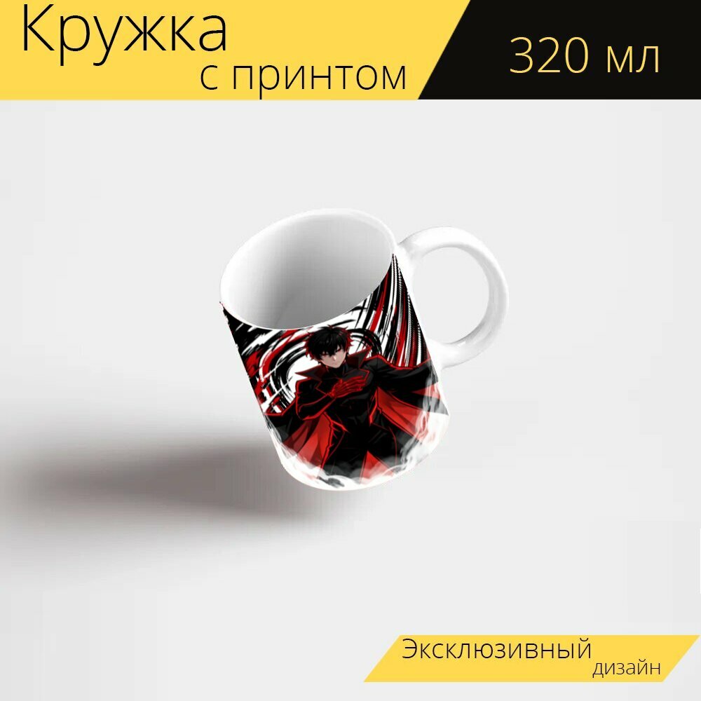 Кружка с рисунком, принтом "Аниме воин в черно-красном. Мрачный футуристический персонаж в строгом костюме и алом плаще, сраженный взгляд, графичные штрихи, контраст." 320 мл.