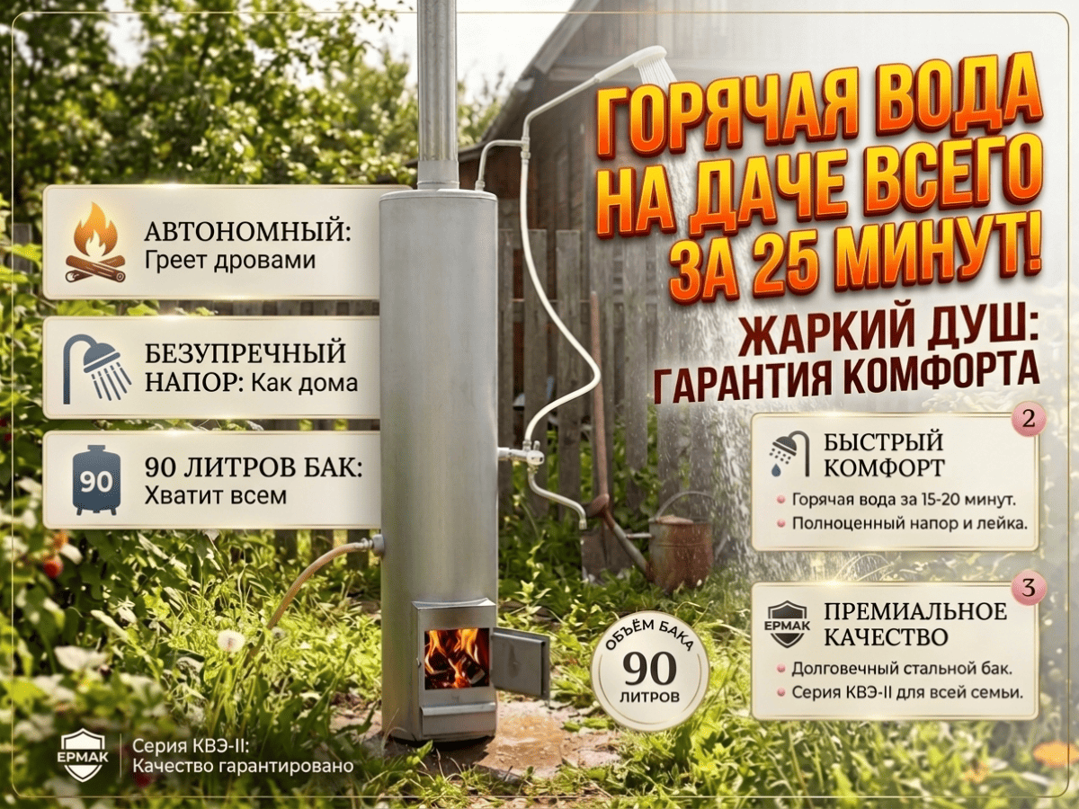 Водогрейная колонка на дровах Ермак КВЭ-II-90 Титан со смесителем и ТЭНом правая